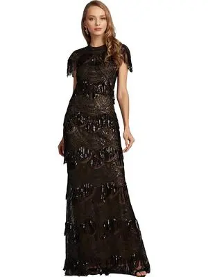 Tadashi Shoji Lorene Sequin Flapper Fringe Gown - Black/nude