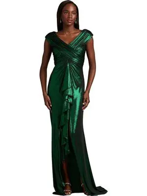 Tadashi Shoji Lucia Draped Metallic Lamé Gown - Pine