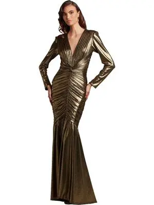 Tadashi Shoji Camellia Metallic Twist Drape Gown - Bronze
