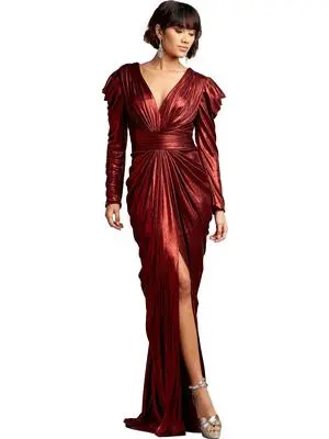 Tadashi Shoji Draped Metallic Lamé Gown - Garnet