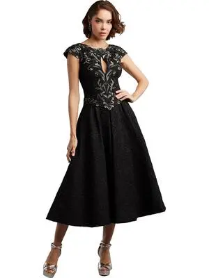 Tadashi Shoji Lillie Embroidered Jacquard Midi Dress - Black/silver