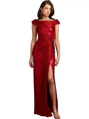 Tadashi Shoji Emersyn Draped Lamé Gown - Deep Red