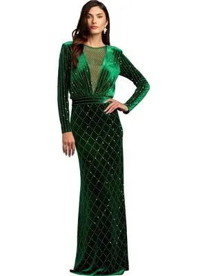Tadashi Shoji Avi Diamanté Plunge Gown - Pine