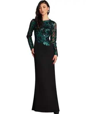Tadashi Shoji Kanya Embellished Long Sleeve Gown - Elm/black