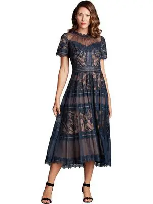 Tadashi Shoji Lace Tea-length Dress - Navy/nude