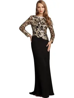 Tadashi Shoji Kanya Long-sleeve Crepe Gown - Gold/black