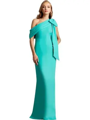 Tadashi Shoji Cassia Bow-shoulder Crepe Gown - Caribbean