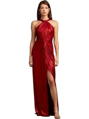 Tadashi Shoji Ambrosia Draped Halter Lamé Gown - Deep Red