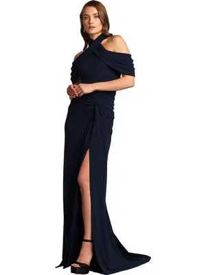 Tadashi Shoji Pruitt Draped Cold-shoulder Gown - Midnight