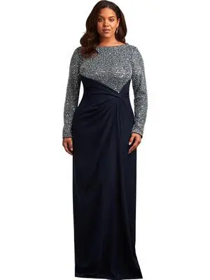 Tadashi Shoji Embellished Twist Drape Gown - Navy