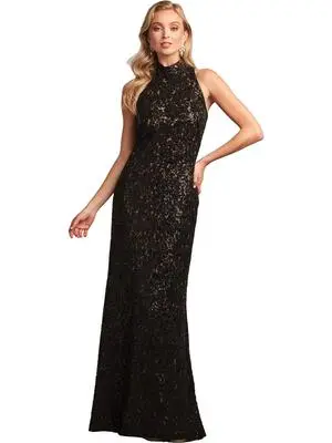 Tadashi Shoji Sequined Embroidered Halter Gown - Black/nude
