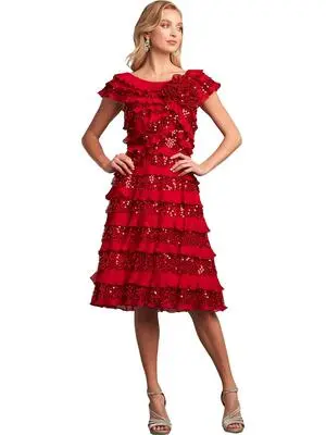 Tadashi Shoji Embellished Tiered Ruffle Dress - Geranium