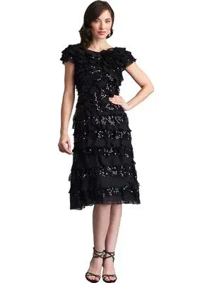 Tadashi Shoji Embellished Tiered Ruffle Dress - Black
