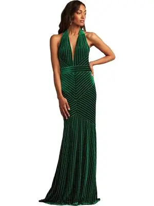 Tadashi Shoji Reinie Diamanté Plunge Halter Gown - Pine