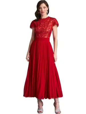 Tadashi Shoji Sequin Embroidered Pleated Midi Dress - Geranium