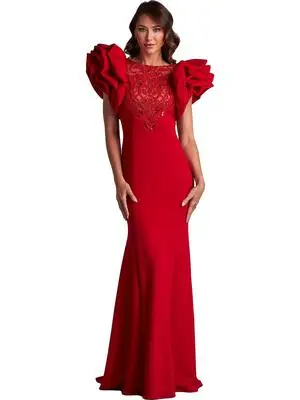 Tadashi Shoji Romilly Shoulder Ruffle Gown - Geranium
