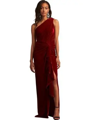 Tadashi Shoji Lotten Waterfall Drape Evening Gown - Flame