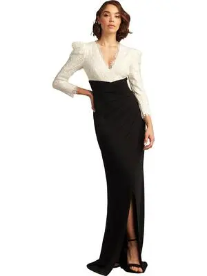 Tadashi Shoji Marshal Crepe & Lace Gown - Ivory/black