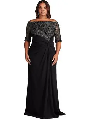 Tadashi Shoji Off-shoulder Draped Gown - Silver/black