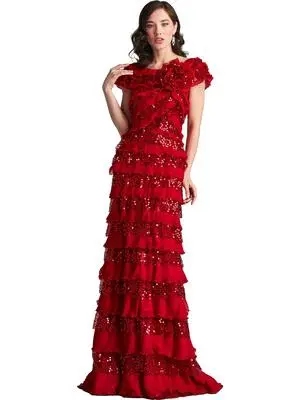 Tadashi Shoji Embellished Tiered Ruffle Gown - Geranium
