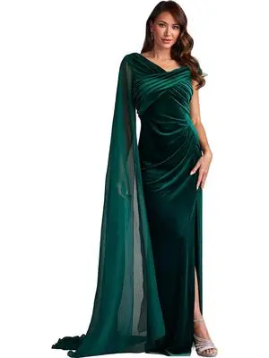 Tadashi Shoji Alora Velvet Gown With Cape Sleeve - Pine