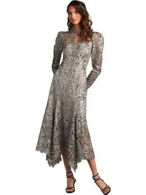 Tadashi Shoji Sequin Embroidered Illusion Midi Dress - Silver