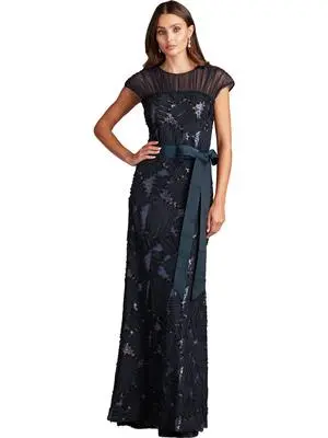 Tadashi Shoji Alma Ribbon Soutache Illusion Gown - Navy/nude