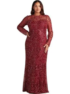 Tadashi Shoji Keziah Embellished Illusion Gown - Pomegranate