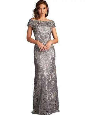 Tadashi Shoji Sequin Embroidered Tulle Gown - Frost Grey