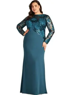 Tadashi Shoji Sequin Embellished Gown With Sheer Sleeves - Eclipse