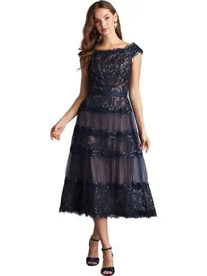 Tadashi Shoji Zaira Tiered Tulle Dress - Navy/nude