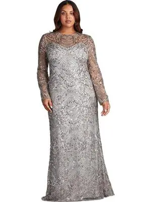 Tadashi Shoji Embellished Illusion Gown - Silver