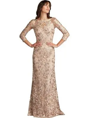 Tadashi Shoji Marcel Embroidered Illusion Gown - Pebble