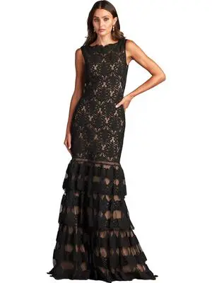 Tadashi Shoji Aniyah Tiered Embroidered Tulle Gown - Black/nude