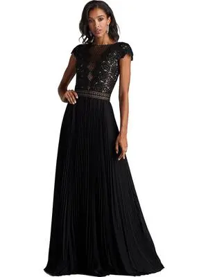 Tadashi Shoji Sequin Embroidered And Pleated Chiffon Gown - Black/nude