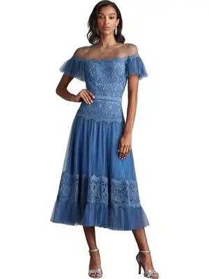 Tadashi Shoji Elise Embroidered Tulle Midi Dress - Blue Stone