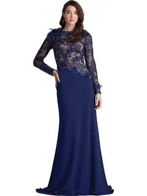Tadashi Shoji Bryony Floral Embellished Illusion Dress - Notte/nude
