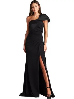 Tadashi Shoji One-shoulder Twist Drape Gown With High Slit - Black