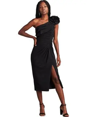 Tadashi Shoji Draped Rosette One-shoulder Midi Dress - Black