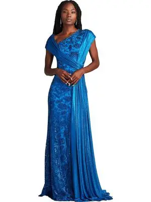Tadashi Shoji Sequined Embroidered Gown With Draped Sash - Pacific Blue