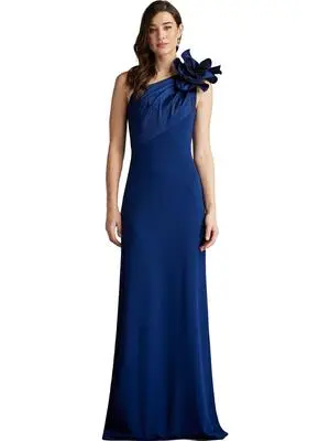 Tadashi Shoji Korra One-shoulder Contrast Gown - Navy