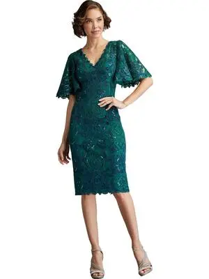 Tadashi Shoji Leya Sequin Embroidered Flutter Sleeve Dress - Tea Leaf