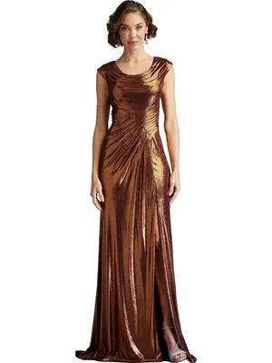 Tadashi Shoji Houghton Metallic Crisscross Draped Gown - Copper