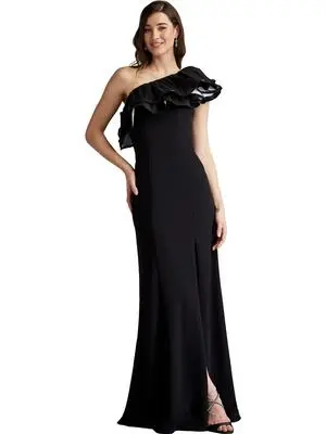 Tadashi Shoji One-shoulder Ruffled Taffeta Gown With Side Slit - Black