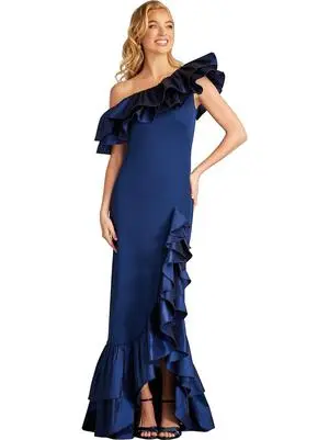 Tadashi Shoji One-shoulder Ruffled Gown With Taffeta Trim - Navy