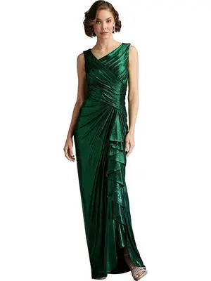 Tadashi Shoji Edana Metallic Waterfall Drape Gown - Pine