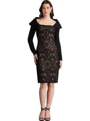 Tadashi Shoji Arna Embroidered Portrait Collar Dress - Black/nude