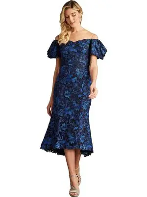Tadashi Shoji Off-shoulder Midi Dress With Flounce Sleeves And Floral Embroidery - Midnight