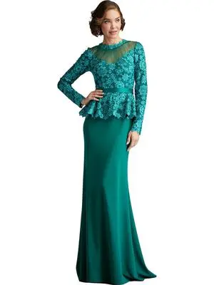 Tadashi Shoji Embroidered Belted Peplum Gown - Emerald