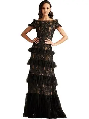 Tadashi Shoji Pemma Sequin Embroidered Tiered Gown - Black/nude